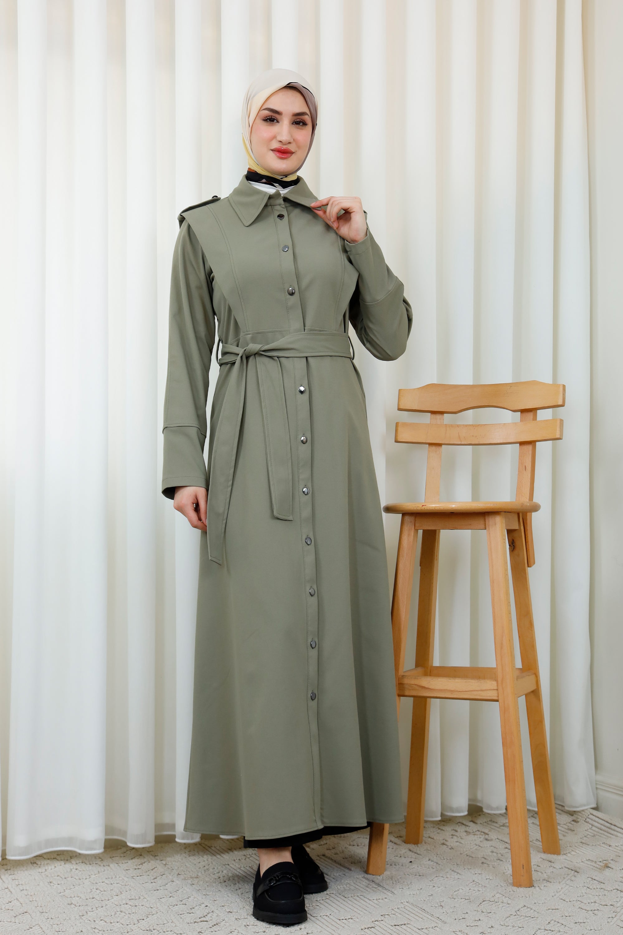 D&F MODA Structured Utility Belted Maxi Dress - Professional Modesty